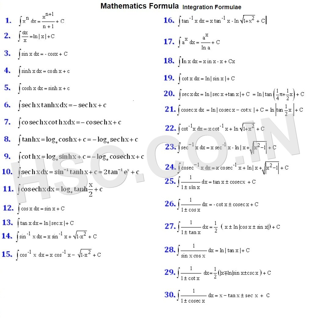 Maths Formula Integration Formula For HSC Board HSC Higher 